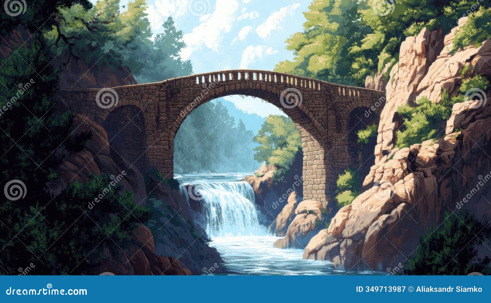 Medieval Stone Bridge Connecting Two Rocky Cliffs Over a Waterfall ...
