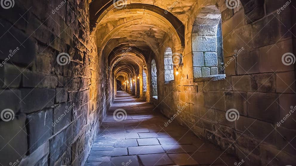 Medieval Stone Corridor with Flickering Torches Casting Long Shadows ...