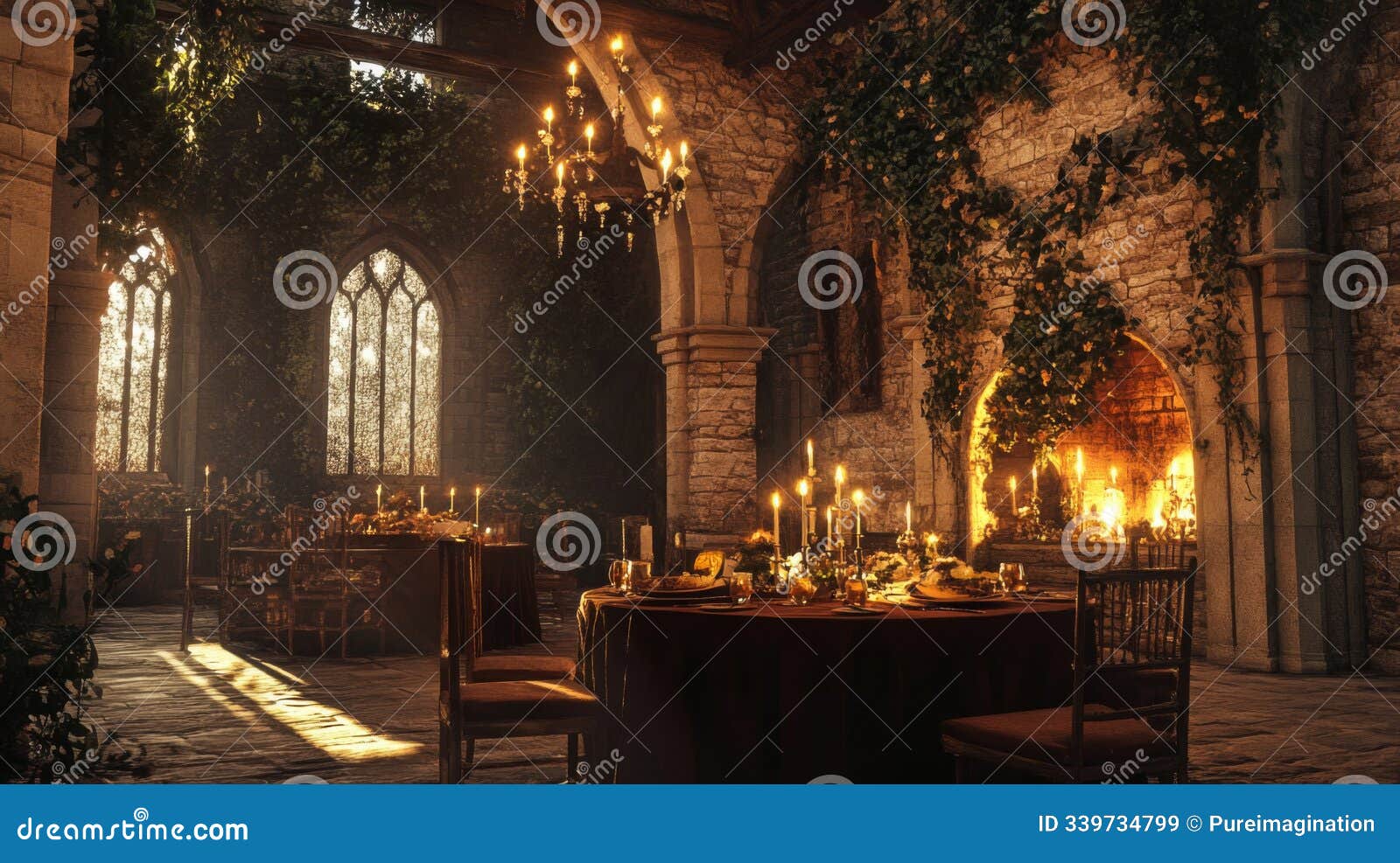 A Medieval Stone Hall Decorated with Vines and Candles for a Feast ...
