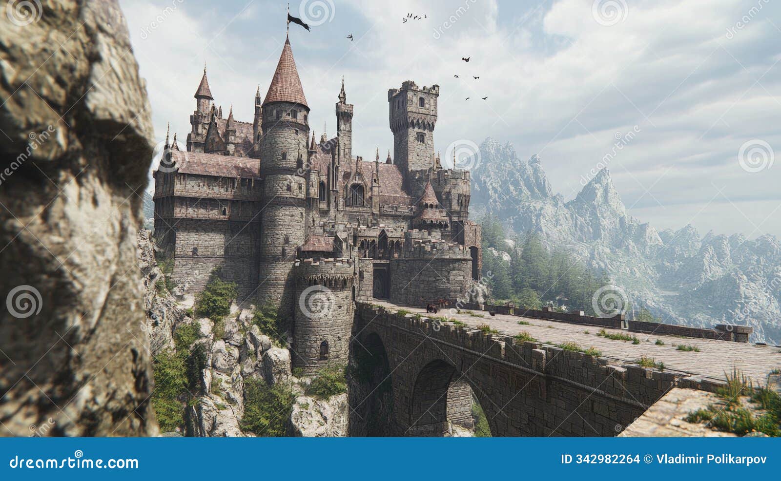 A Medieval-style Castle with a Stone Bridge and Birds in Flight Stock ...