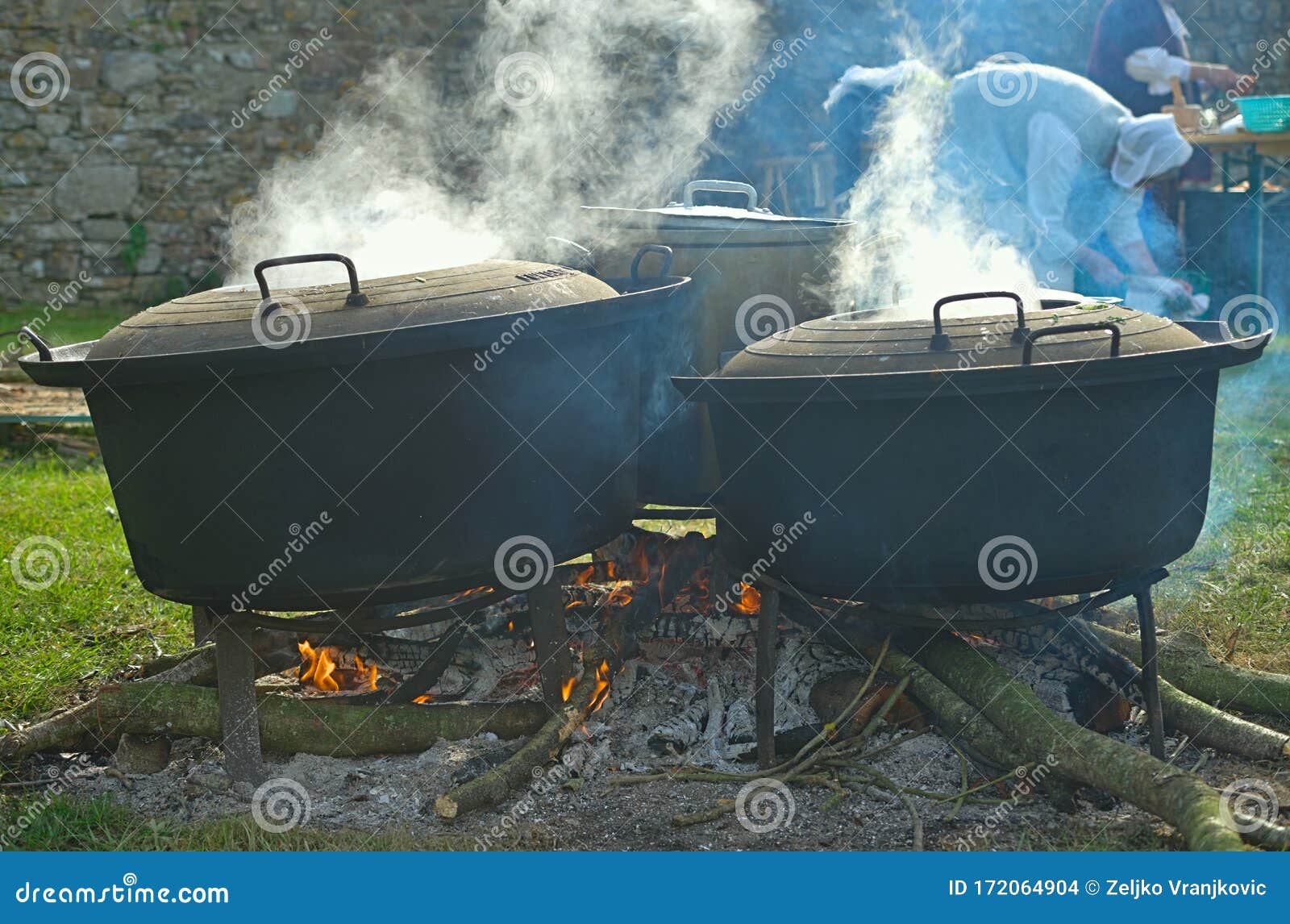 Medieval Style of Preparing Food with Three Pots Cooking on Wood Stock ...