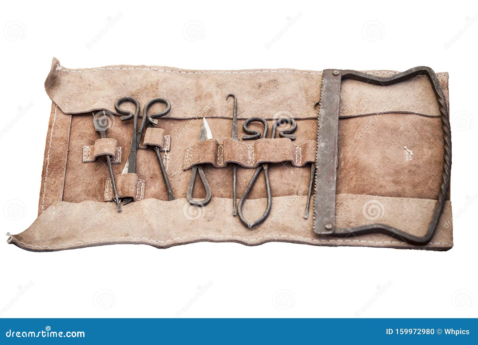 Medieval Surgery Doctors Tools in Leather Wrap Stock Photo - Image of ...