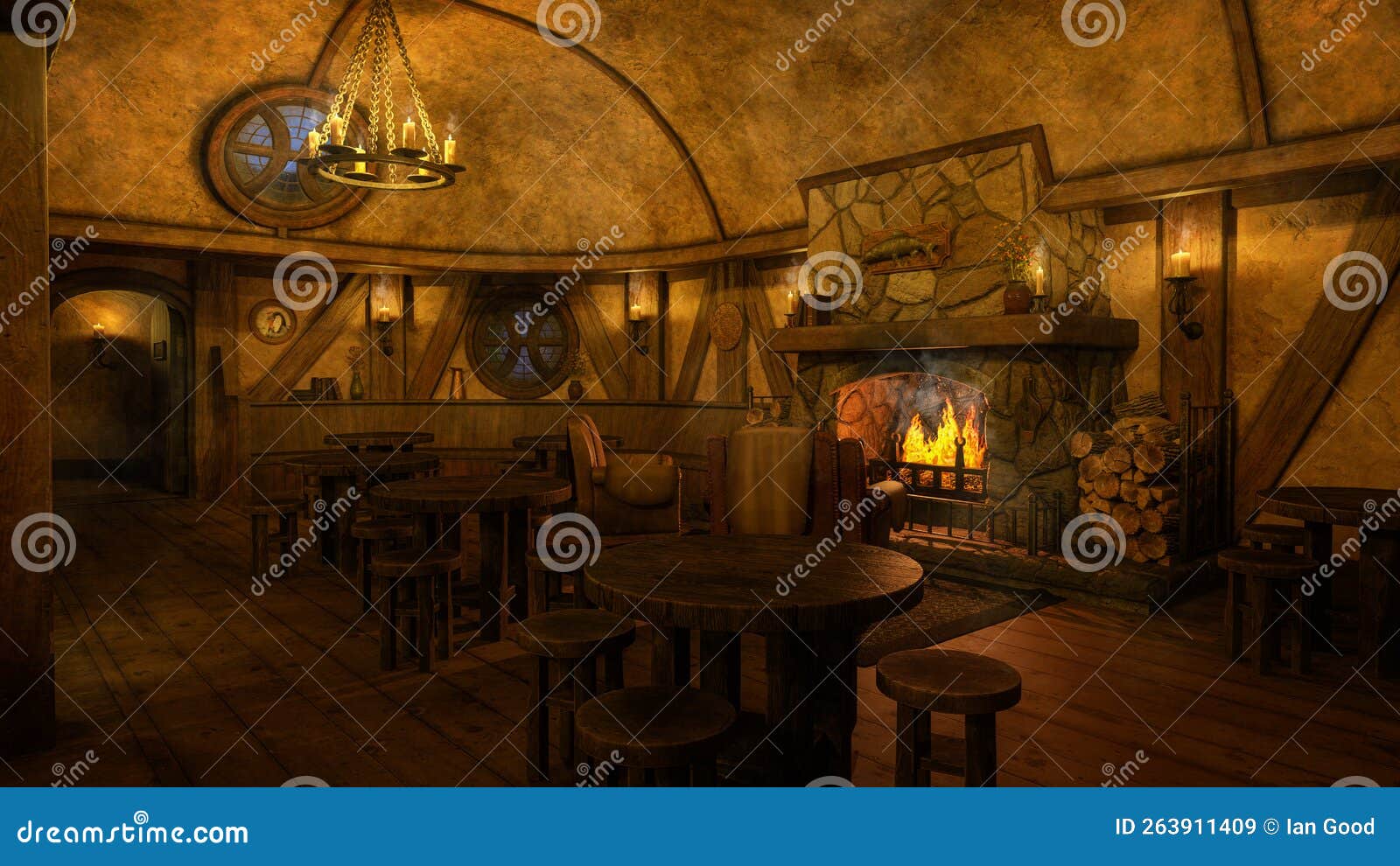 Medieval Tavern Inn Bar with Open Fire Burning in the Evening with ...