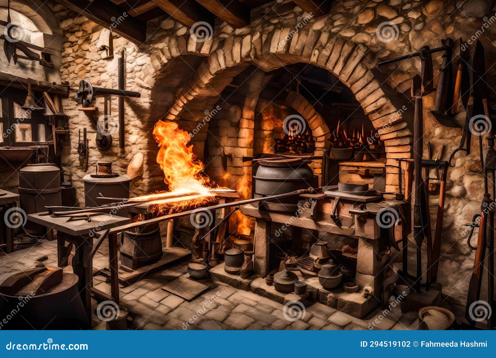 A Medieval-themed Blacksmith S Forge with Flames Roaring, Forging an ...