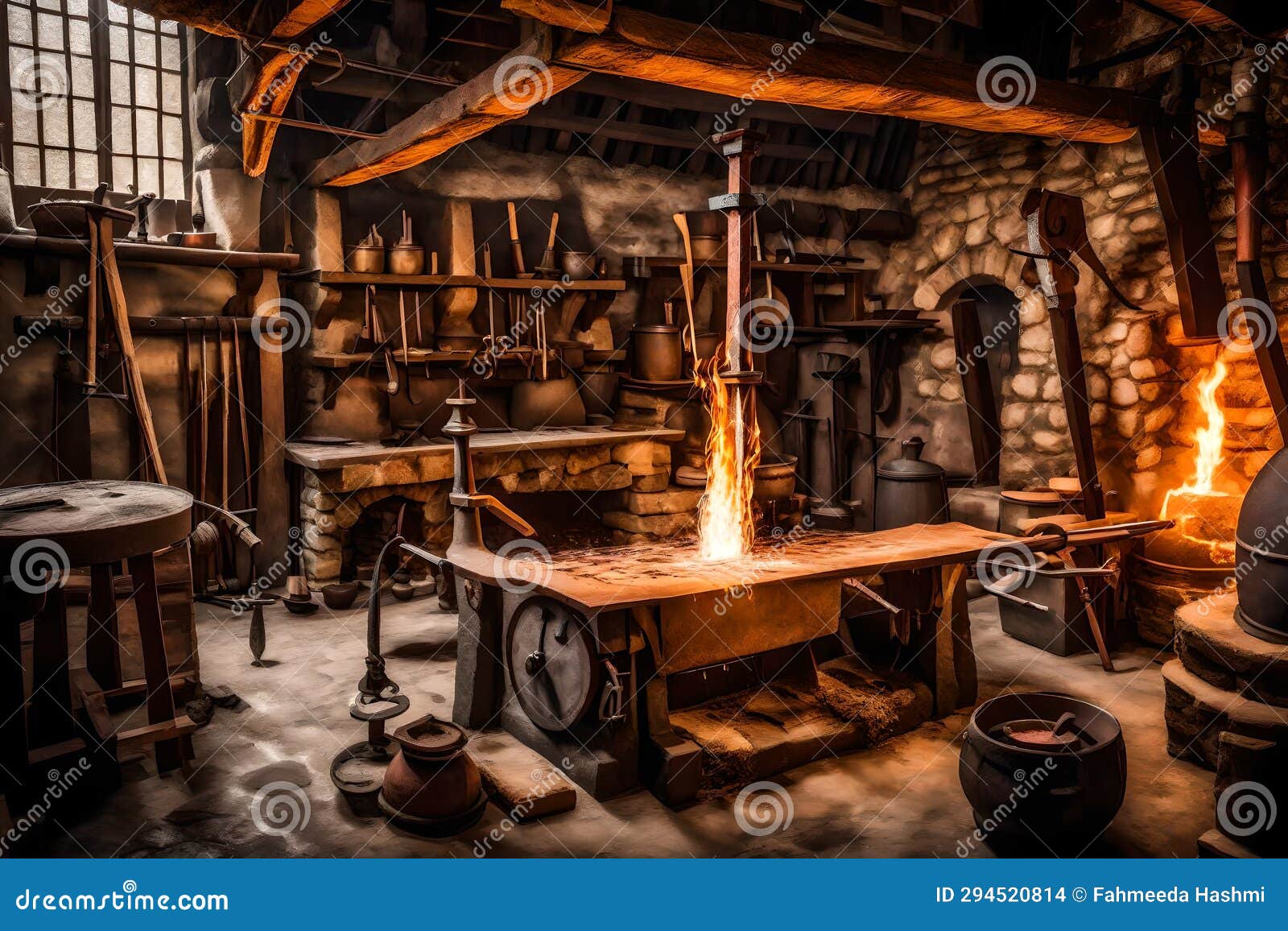 A Medieval-themed Blacksmith S Forge with Flames Roaring, Forging an ...