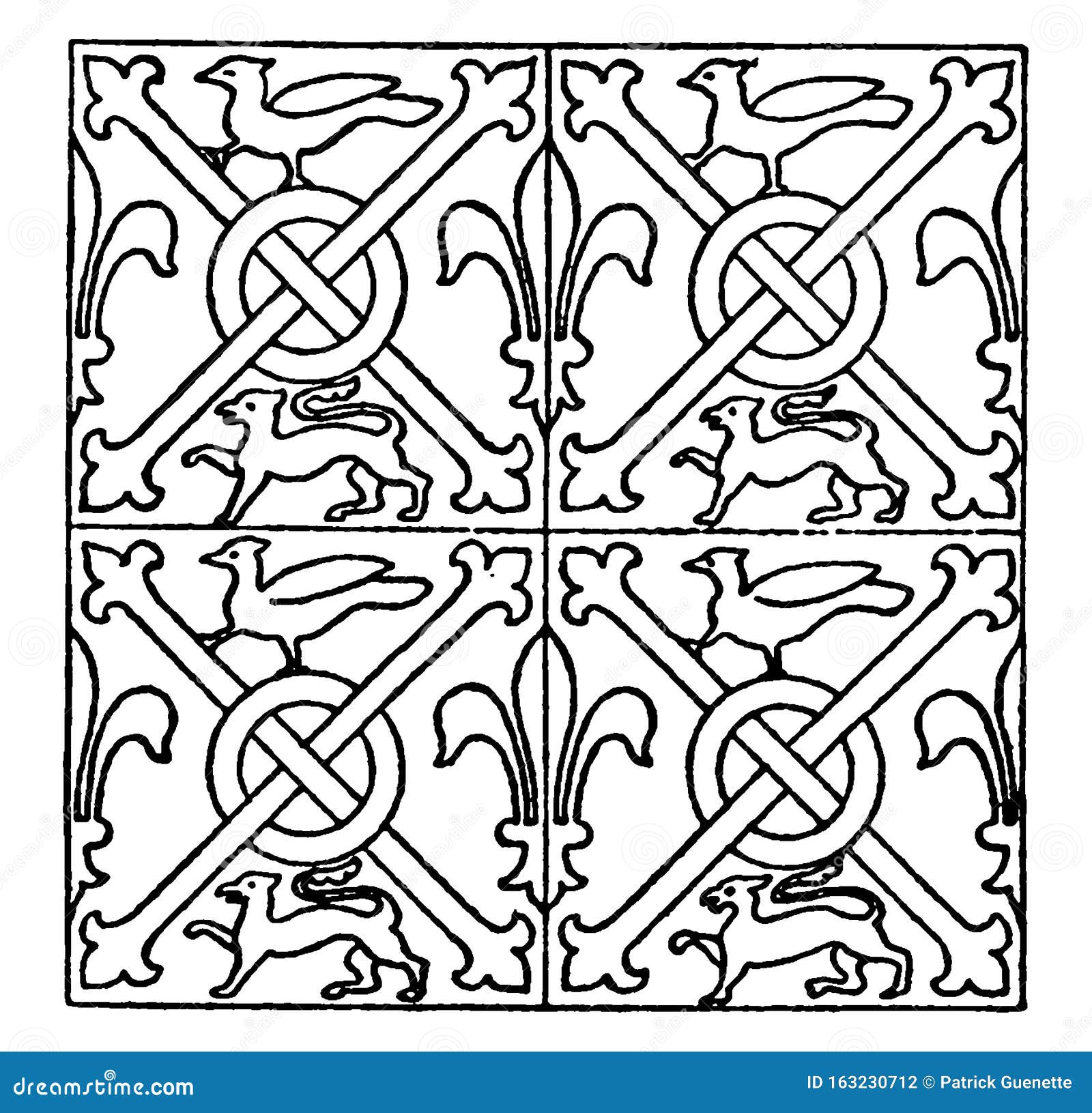 Medieval Tile Pattern is a Stained Glass Design, Vintage Engraving ...