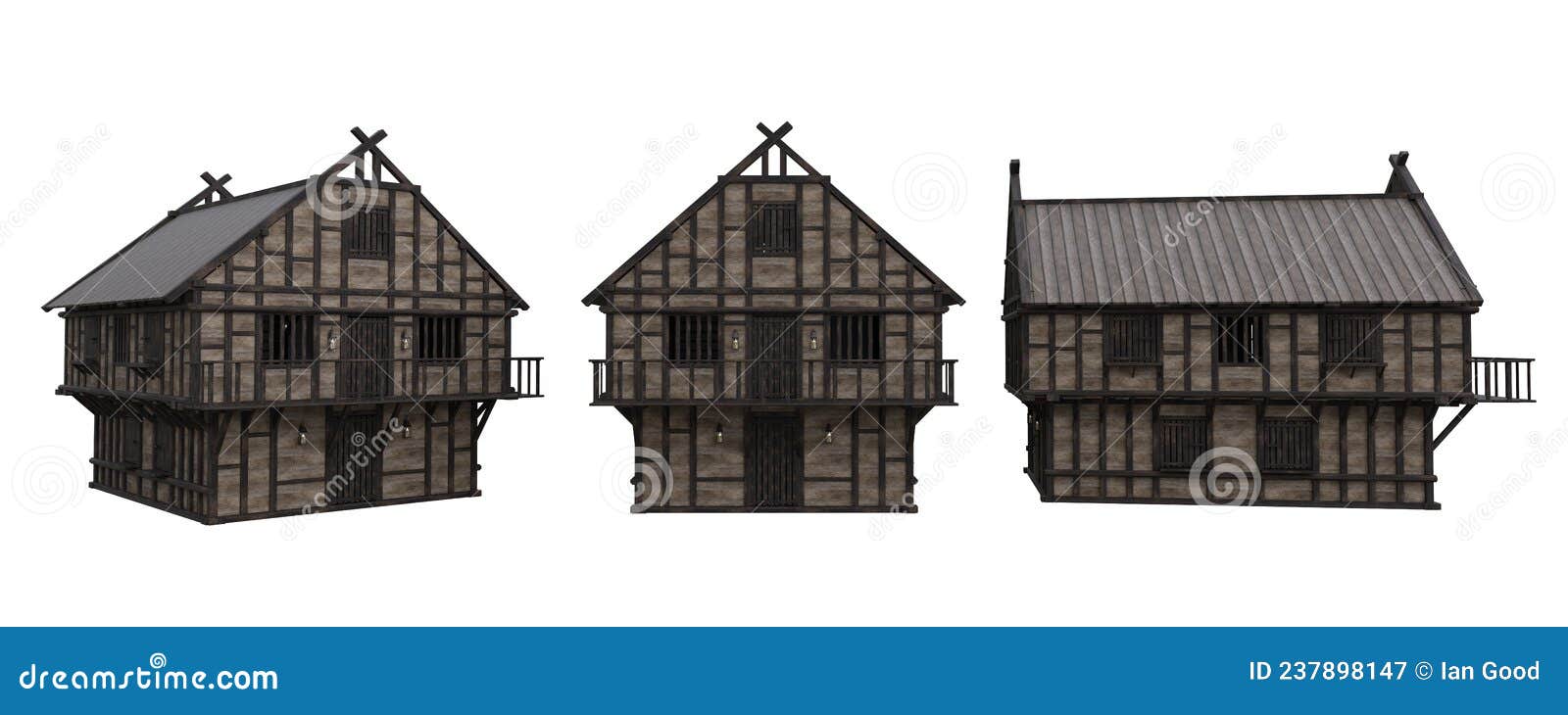 Medieval Timber Framed House Shown From Three Different Angles. 3D ...