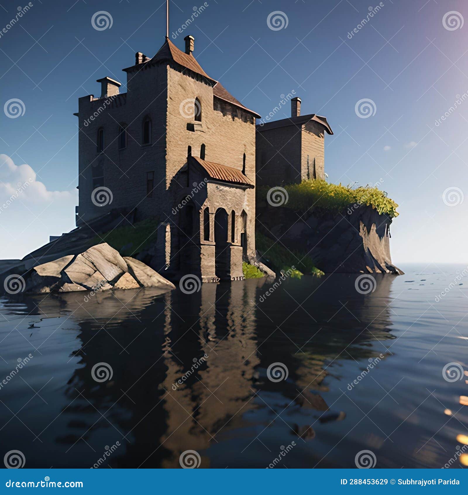 A Medieval Time Fort in the Middle of a River Stock Illustration ...