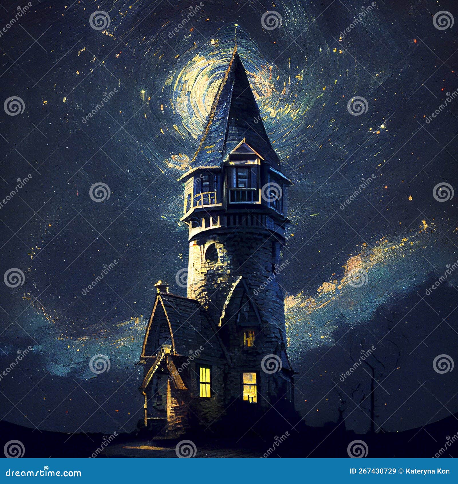Medieval Tower in Night with Starry Sky, Ai Illustration Stock ...