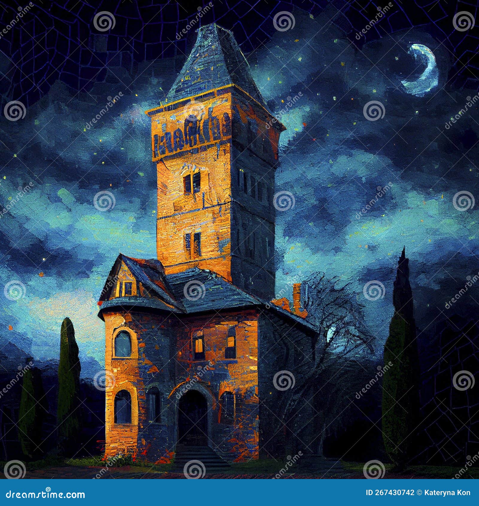 Medieval Tower in Night with Starry Sky, Ai Illustration Stock ...
