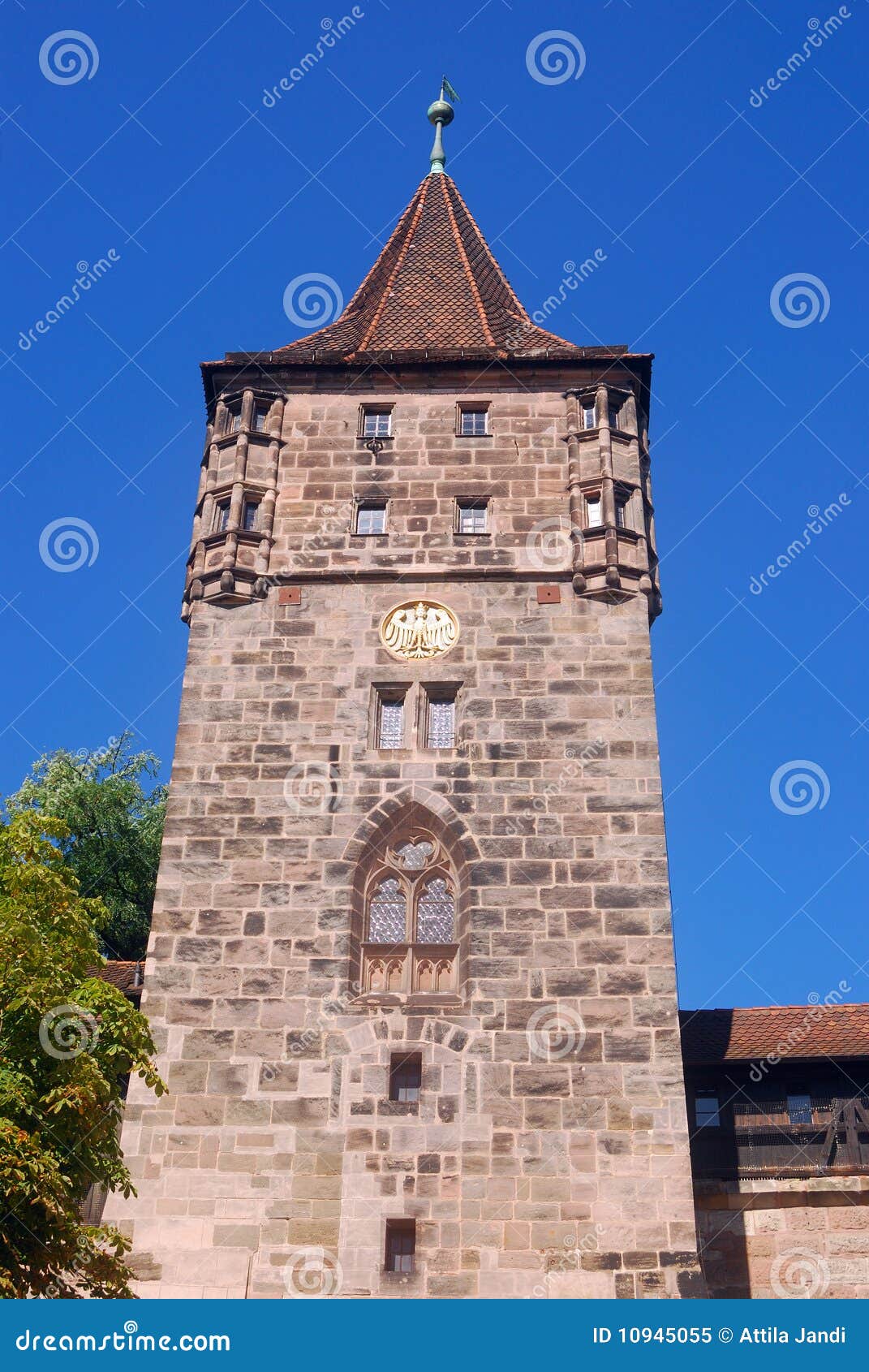 Medieval Tower, Nurnberg, Germany Stock Image - Image of flag, durer ...