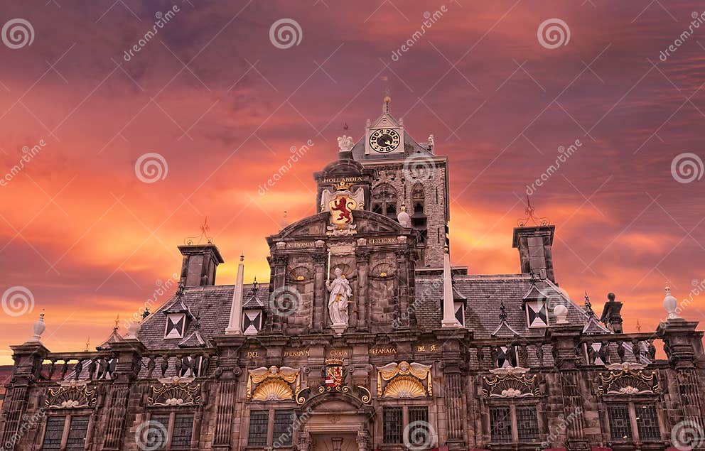 Medieval Town Hall in Delft Stock Photo - Image of sculpture, sunset ...