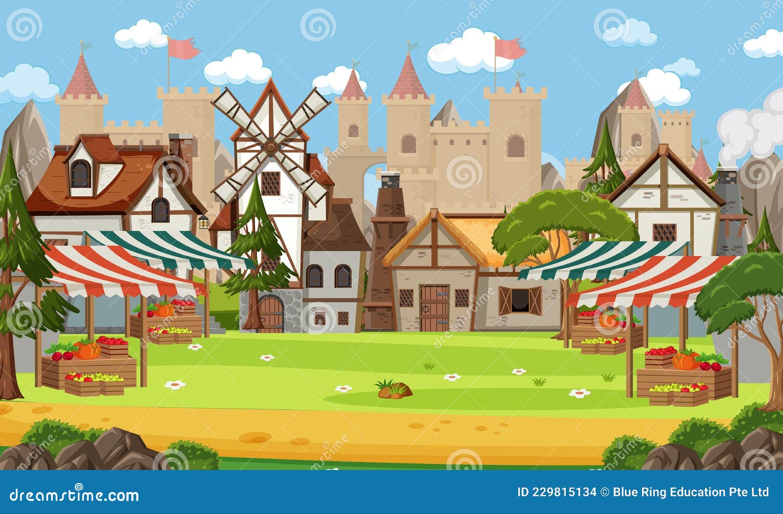 Market Place Illustrations And Event Tents Frames. Cartoon Vector ...