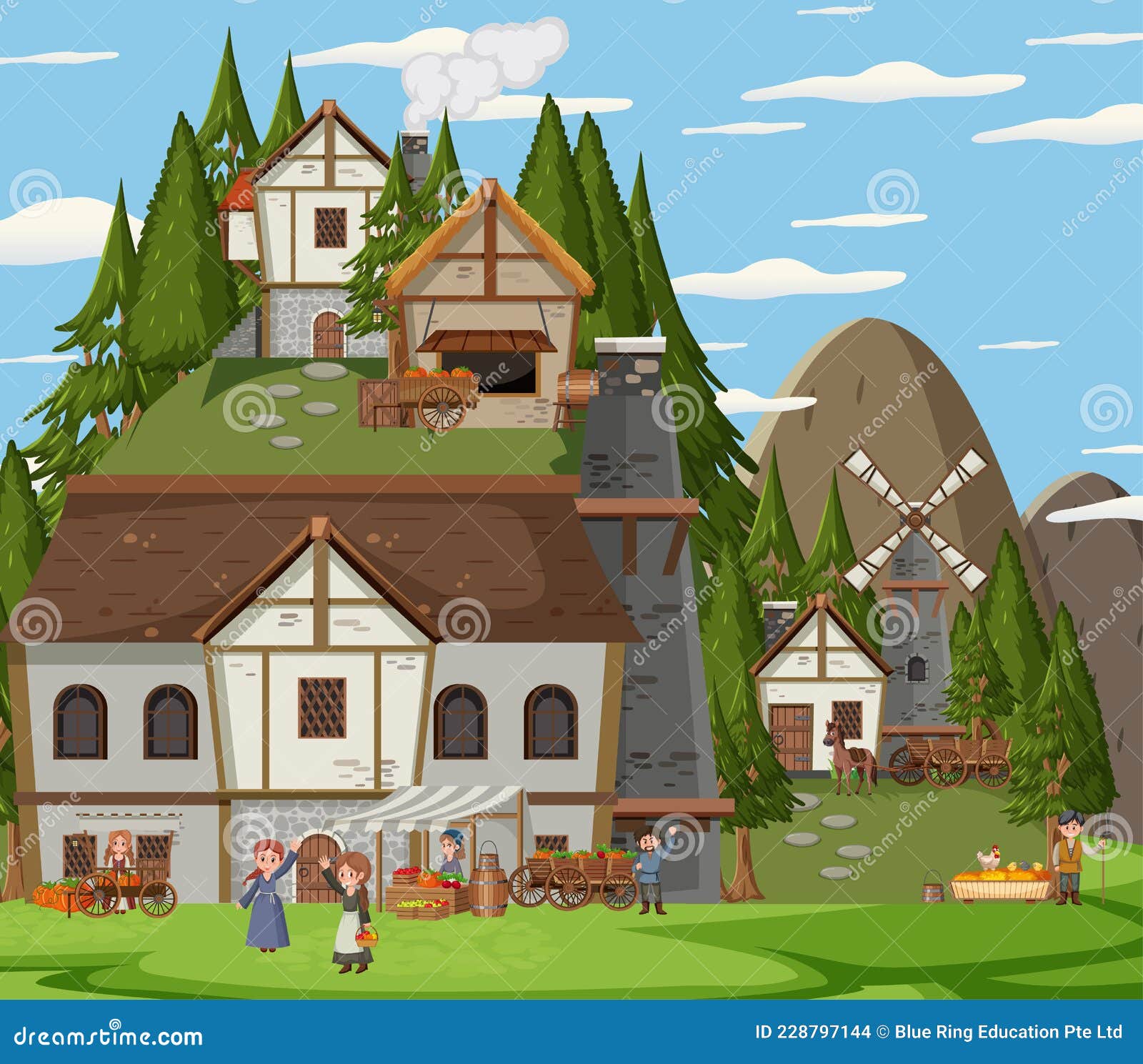 Medieval Town Scene with Villagers Stock Vector - Illustration of ...