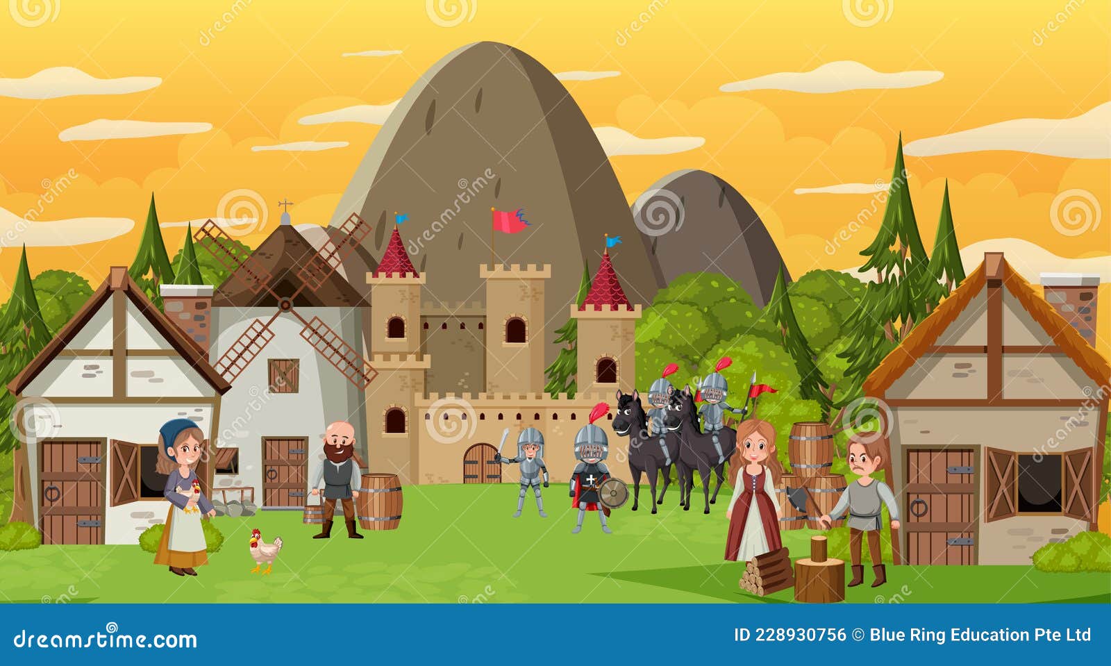 Medieval Town Scene with Villagers and Warriors Stock Vector ...
