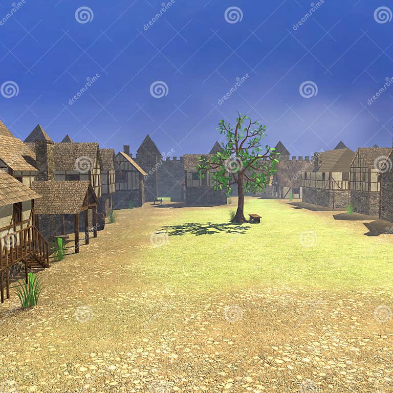 Medieval Town Square with Tree and Bench Stock Illustration ...