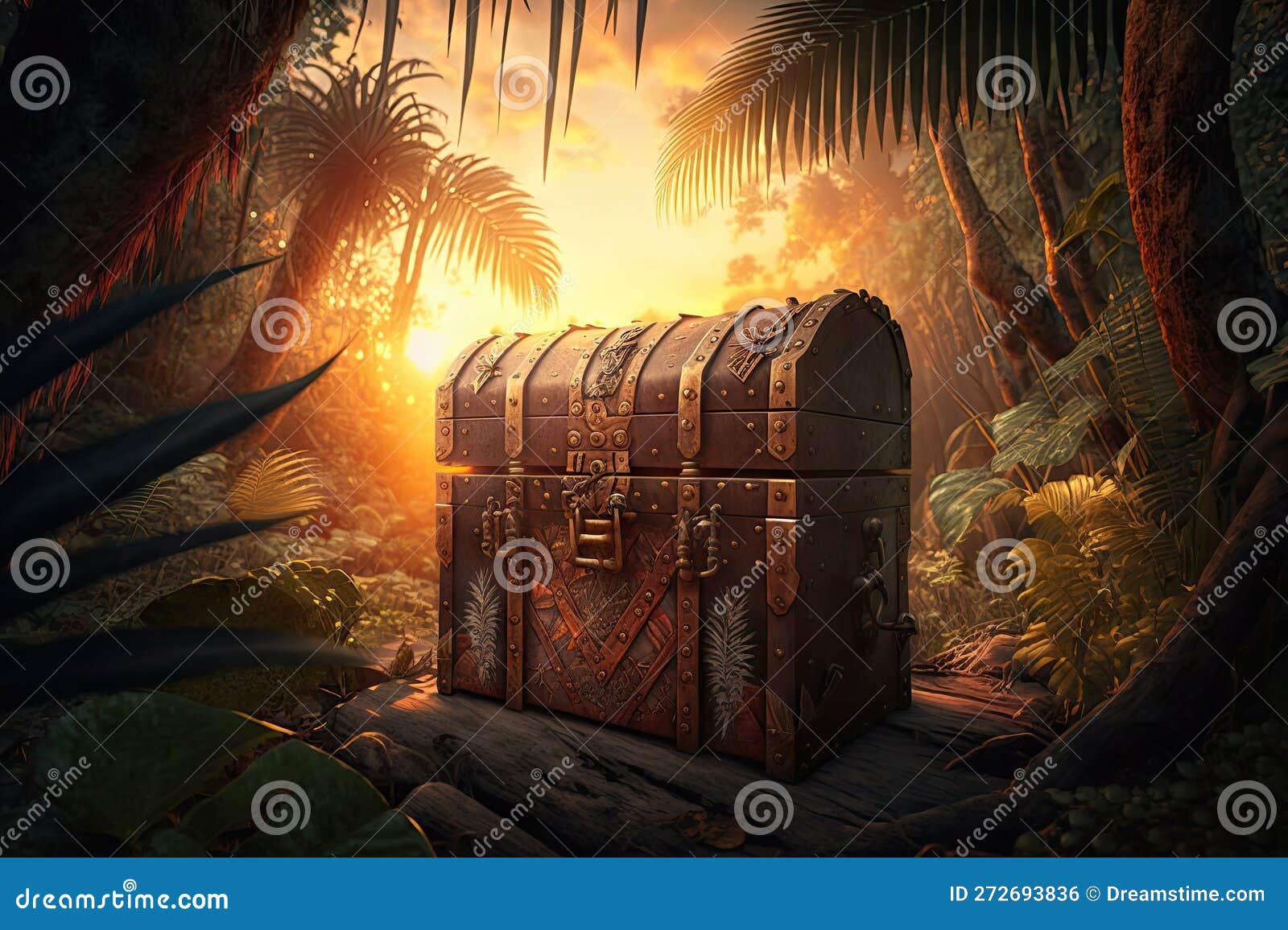 Medieval Treasure Chest in the Jungle Against Backdrop of Sunset Stock ...