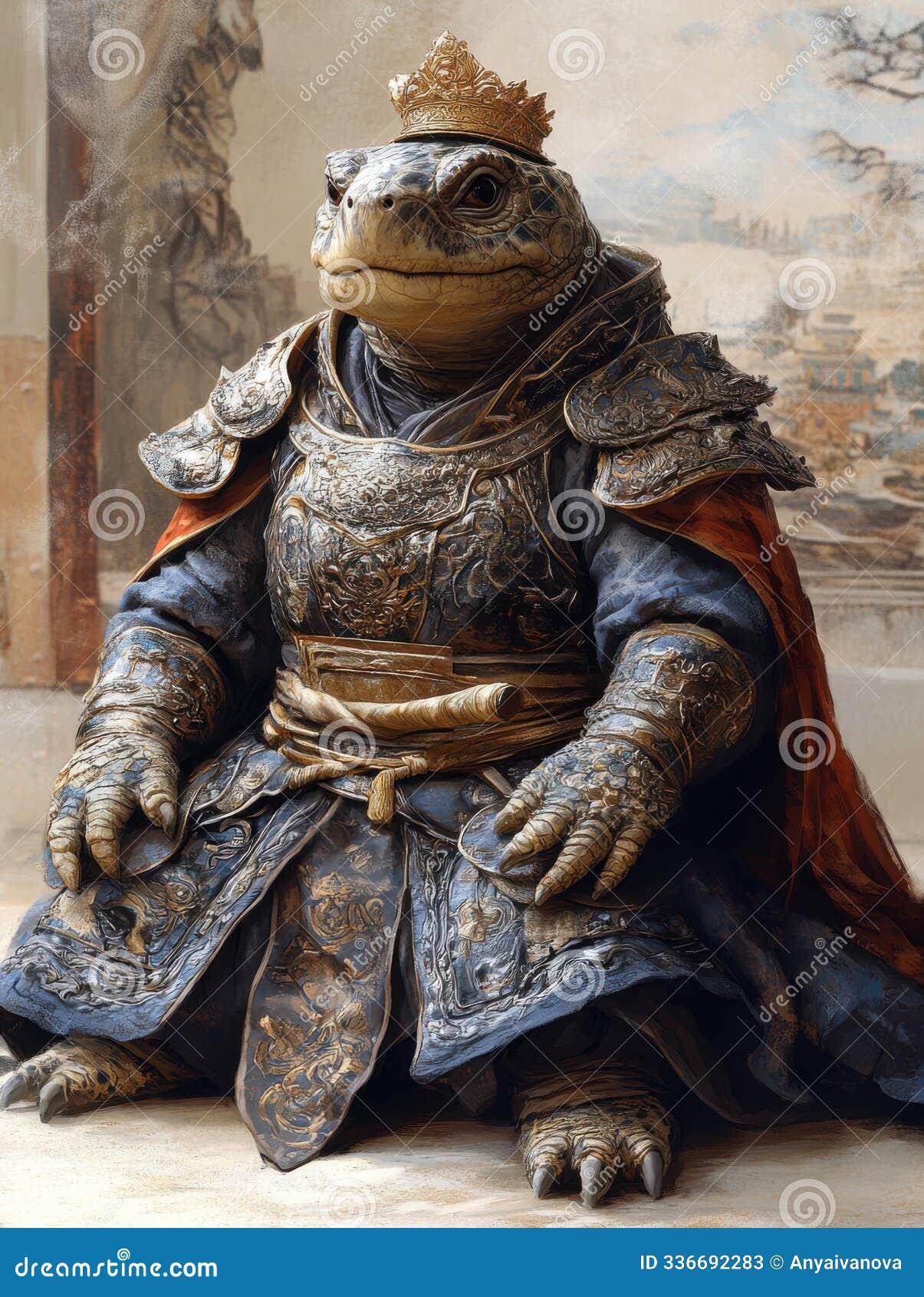 Medieval Turtle King in Ornate Armor and Crown in Historical Setting ...