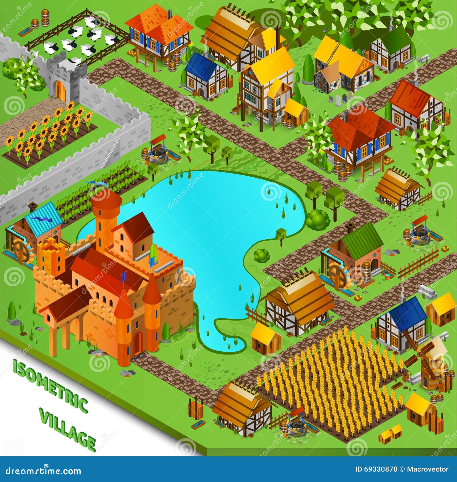 Medieval Village - Hand Drawn Color Illustration, Part Of Medieval ...