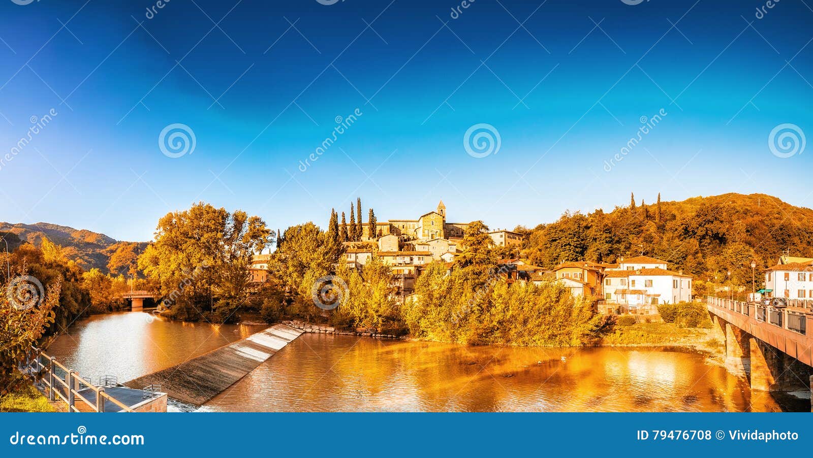 Medieval village on river stock photo. Image of water - 79476708