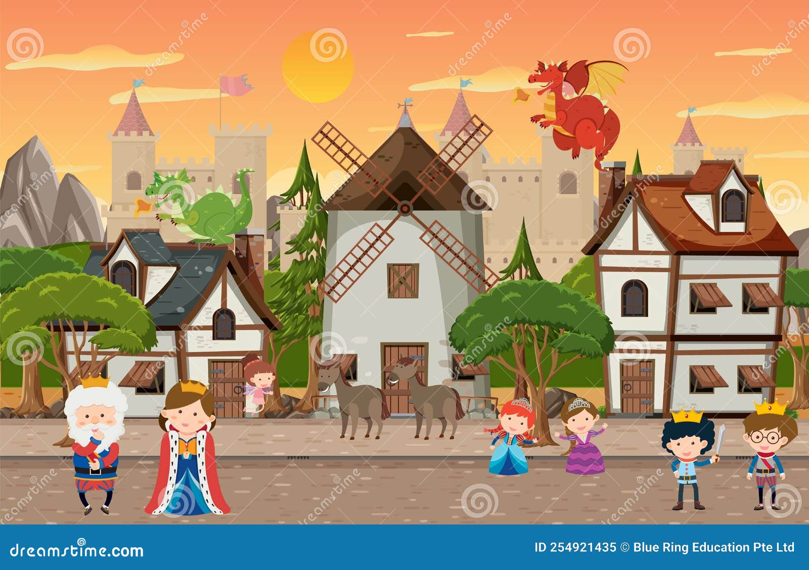 Medieval Village Scene Castle Background Stock Vector - Illustration of ...