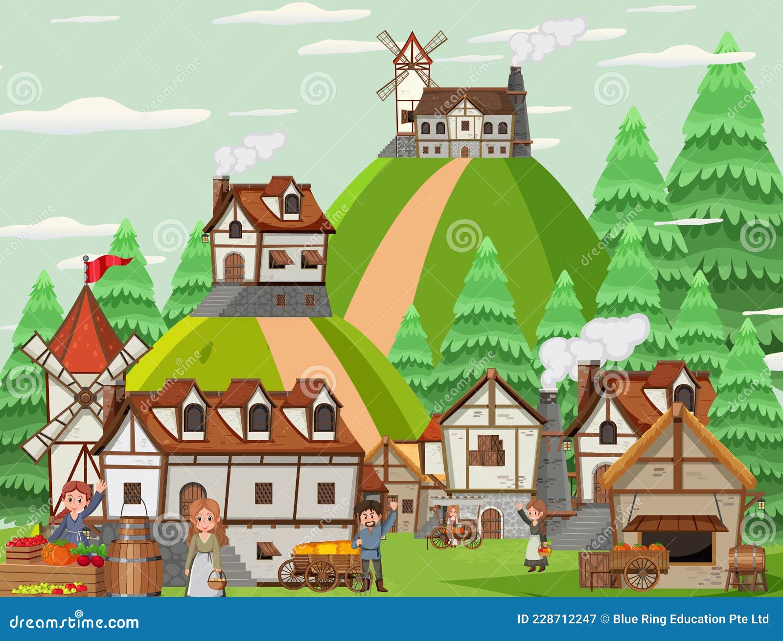 Medieval Village Scene with Villagers Stock Vector - Illustration of ...