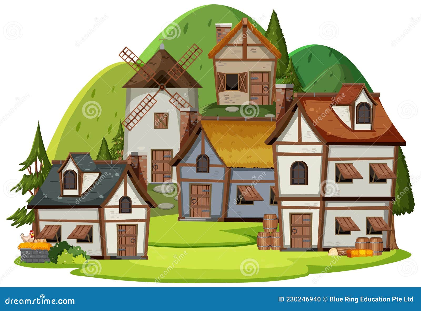 Medieval Village Scene on White Background Stock Vector - Illustration ...