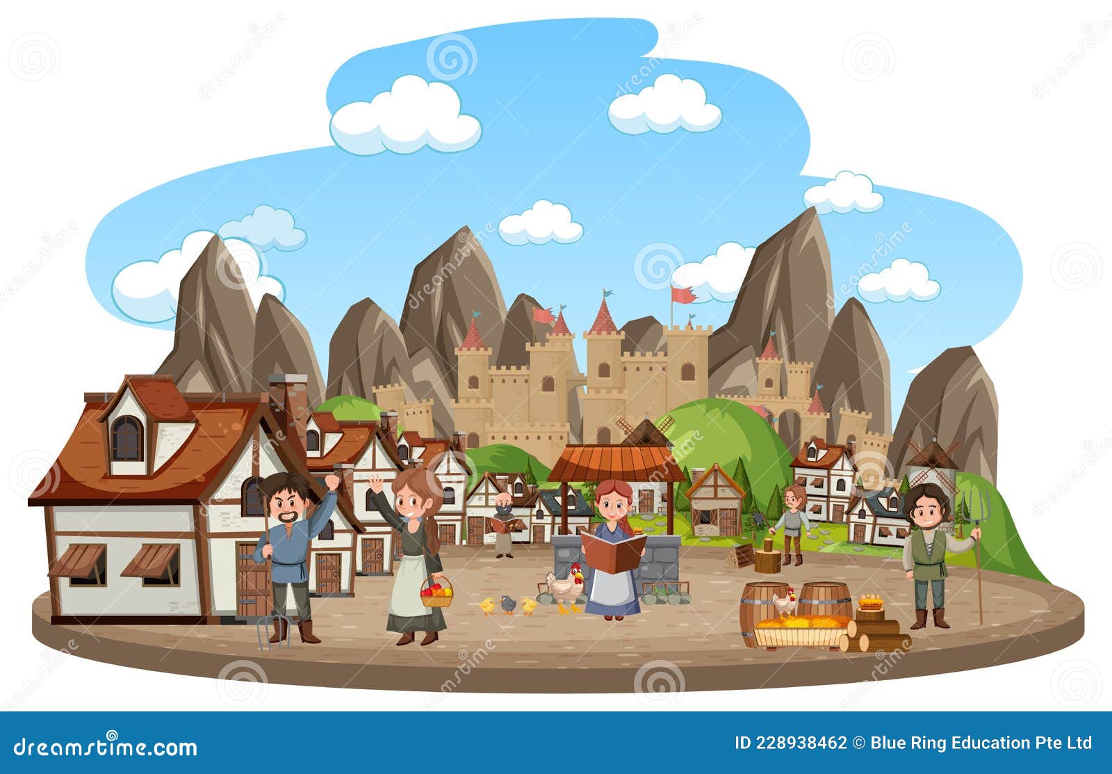 Medieval Village with Villagers on White Background Stock Vector ...