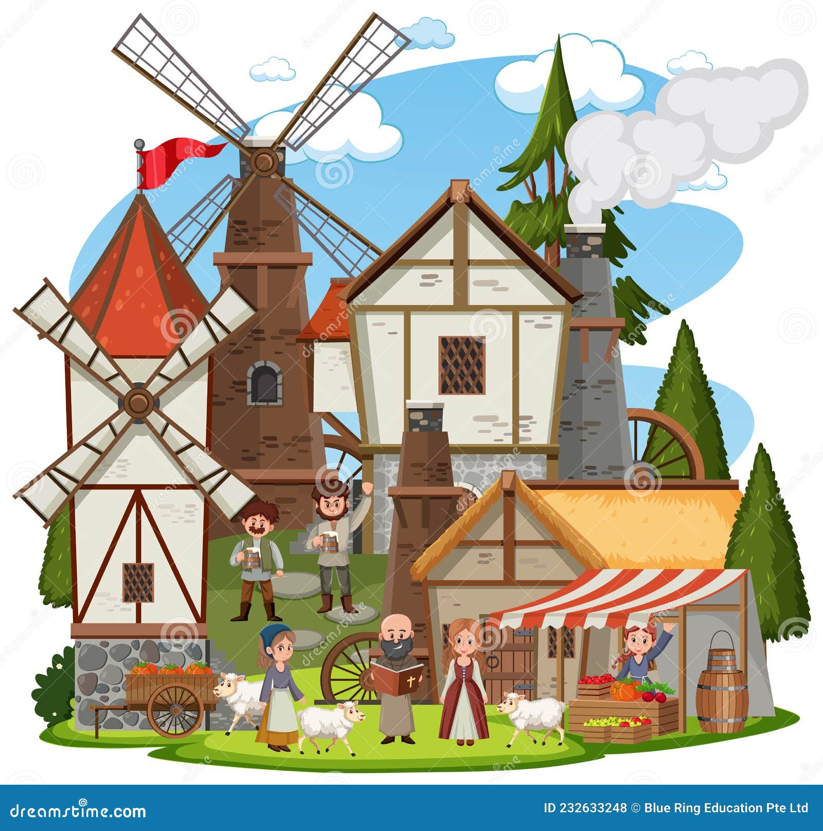 Medieval Village with Villagers on White Background Stock Vector ...