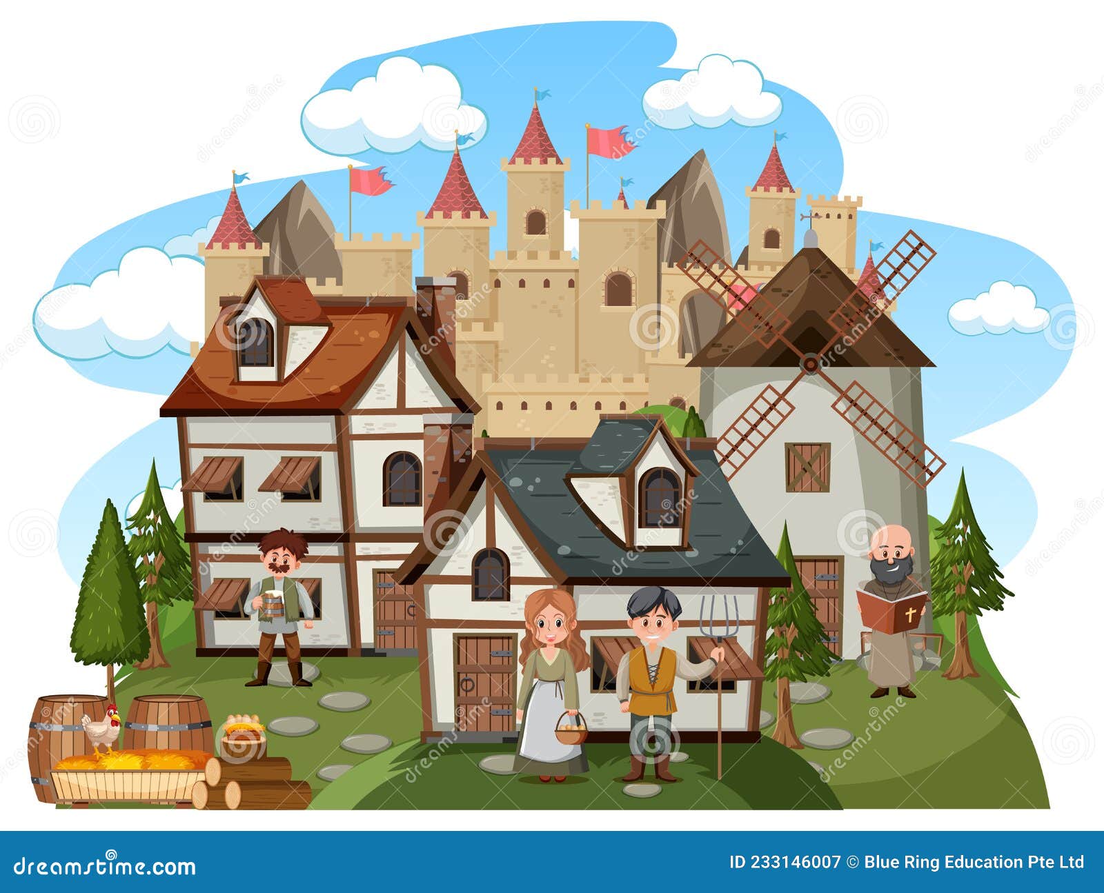 Medieval Village with Villagers on White Background Stock Vector ...