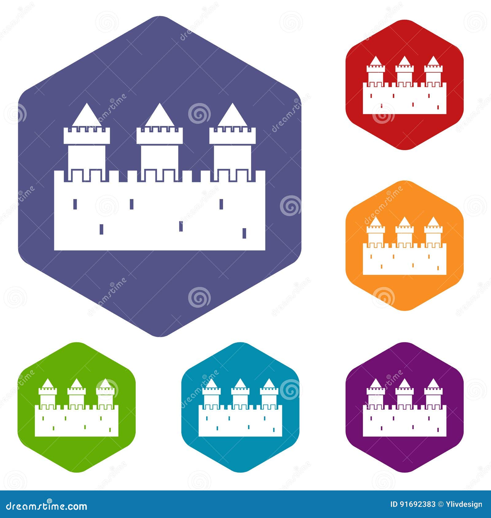 Medieval Wall and Towers Icons Set Hexagon Stock Vector - Illustration ...