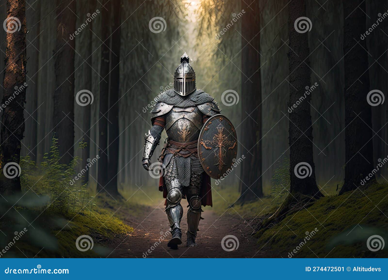 Medieval Warrior in Armor with Helmet and Shield Walks through Forest ...