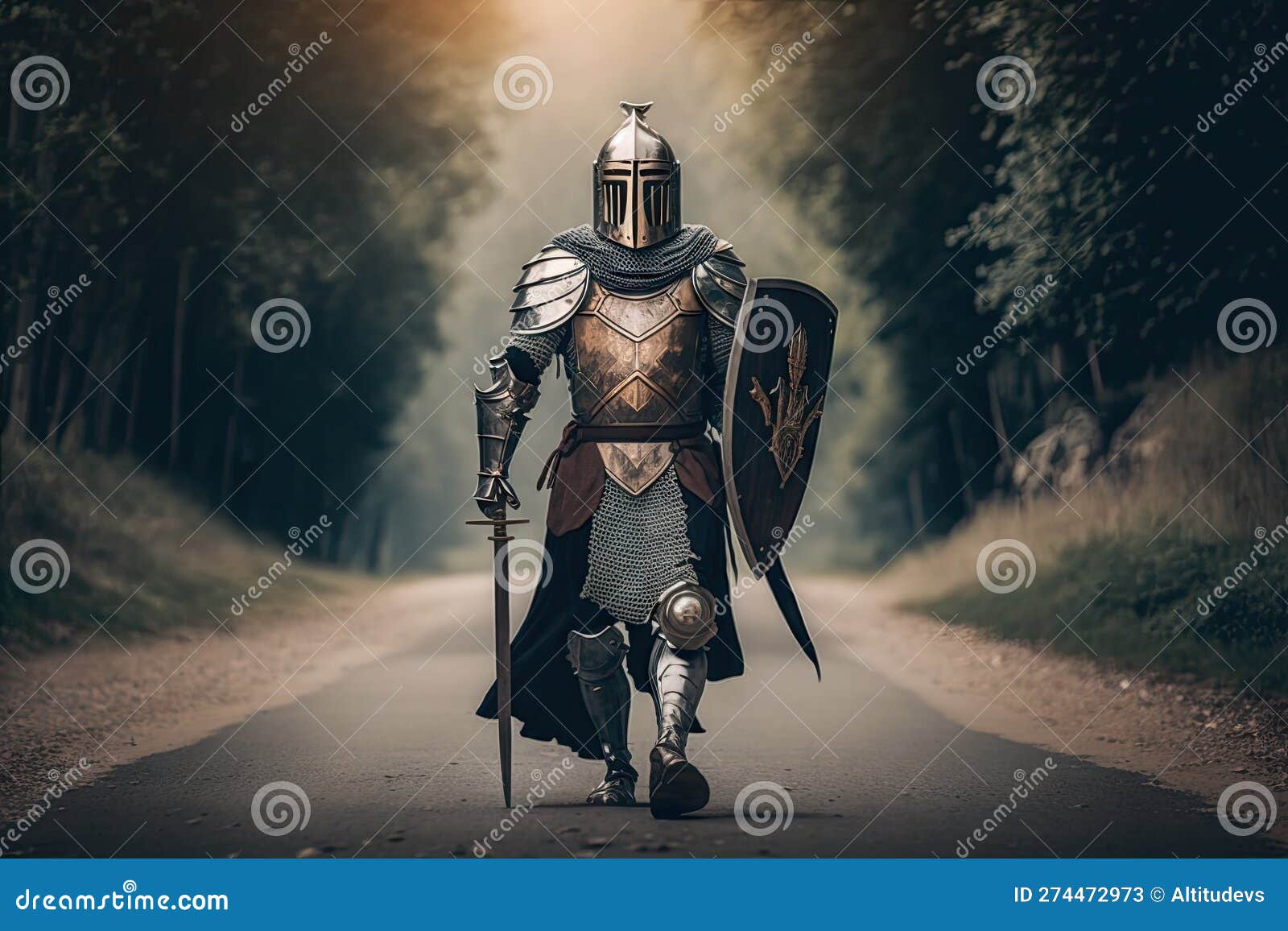 Medieval Warrior in Armor with Sword and Shield Walking on Road Stock ...