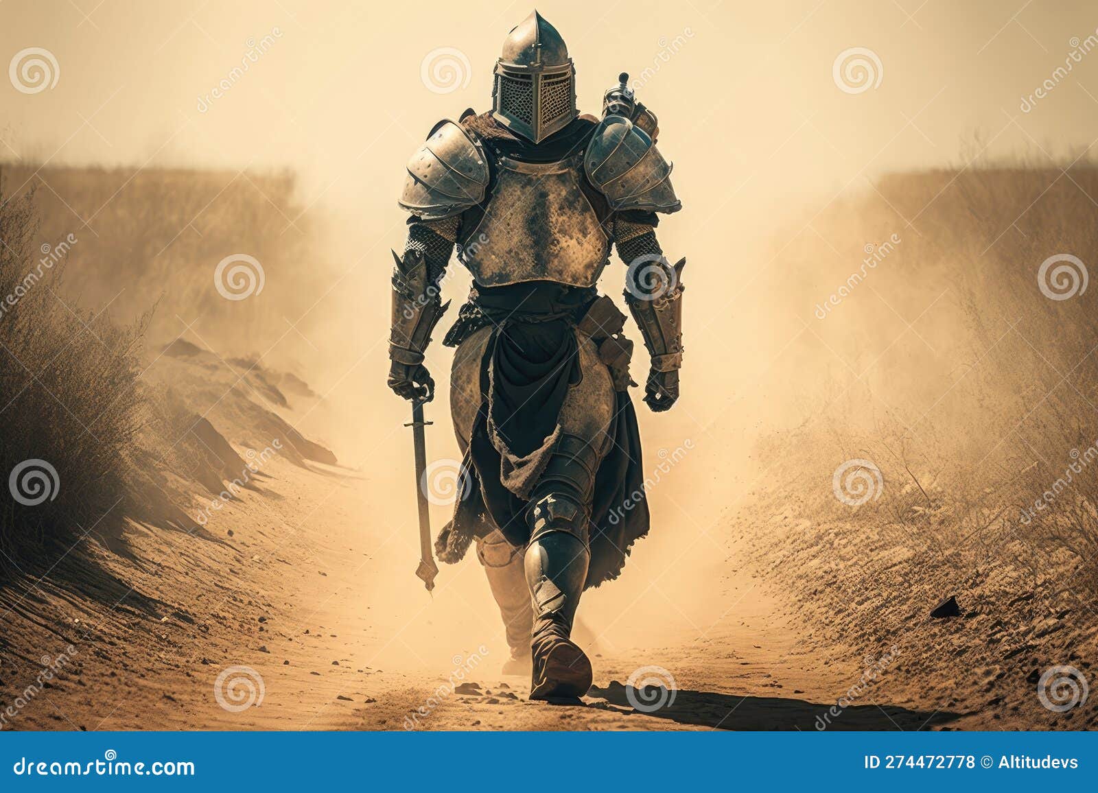Medieval Warrior with Armor and Sword Walking on Dusty Road Stock ...