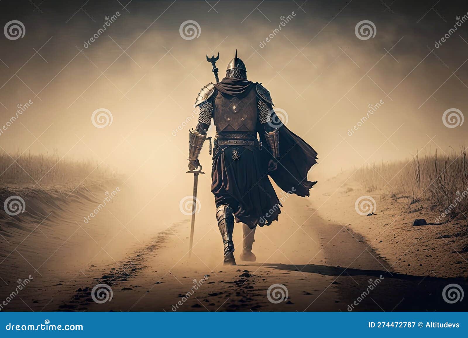 Medieval Warrior with Armor and Sword Walking on Dusty Road Stock ...