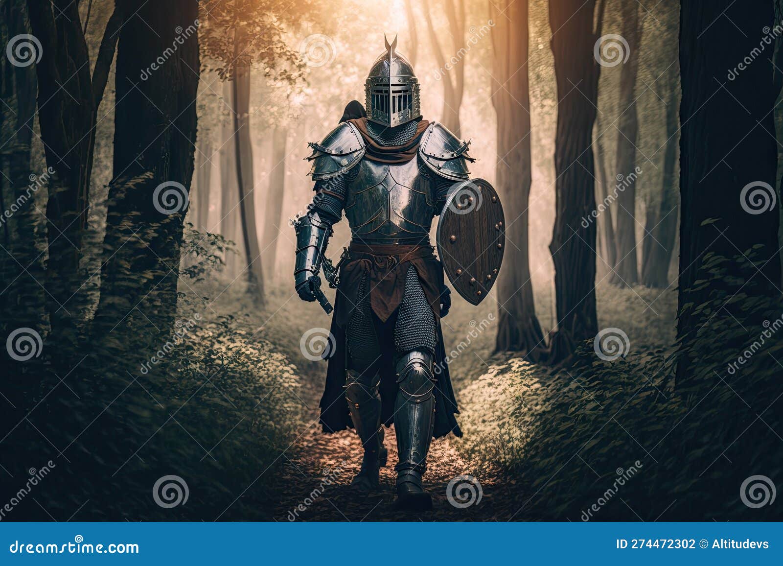 Medieval Warrior in Armor with Sword Walking through Forest Stock ...