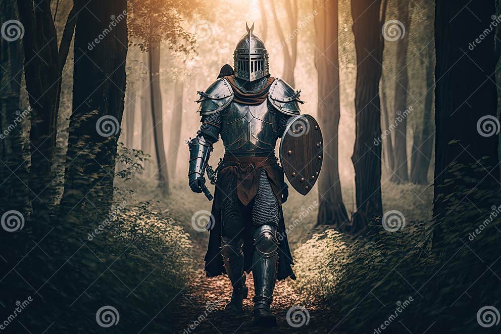 Medieval Warrior in Armor with Sword Walking through Forest Stock ...
