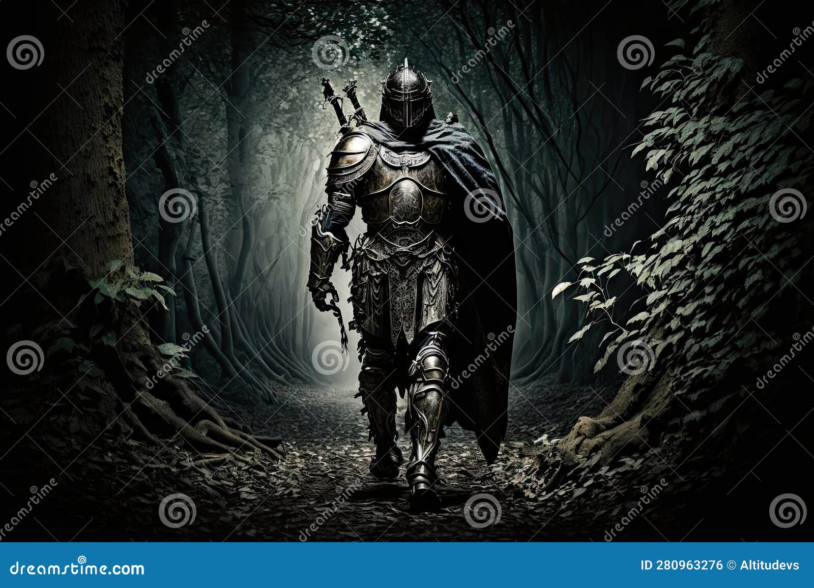 Medieval Warrior in Armor Walking on Dark Background with Trees Stock ...