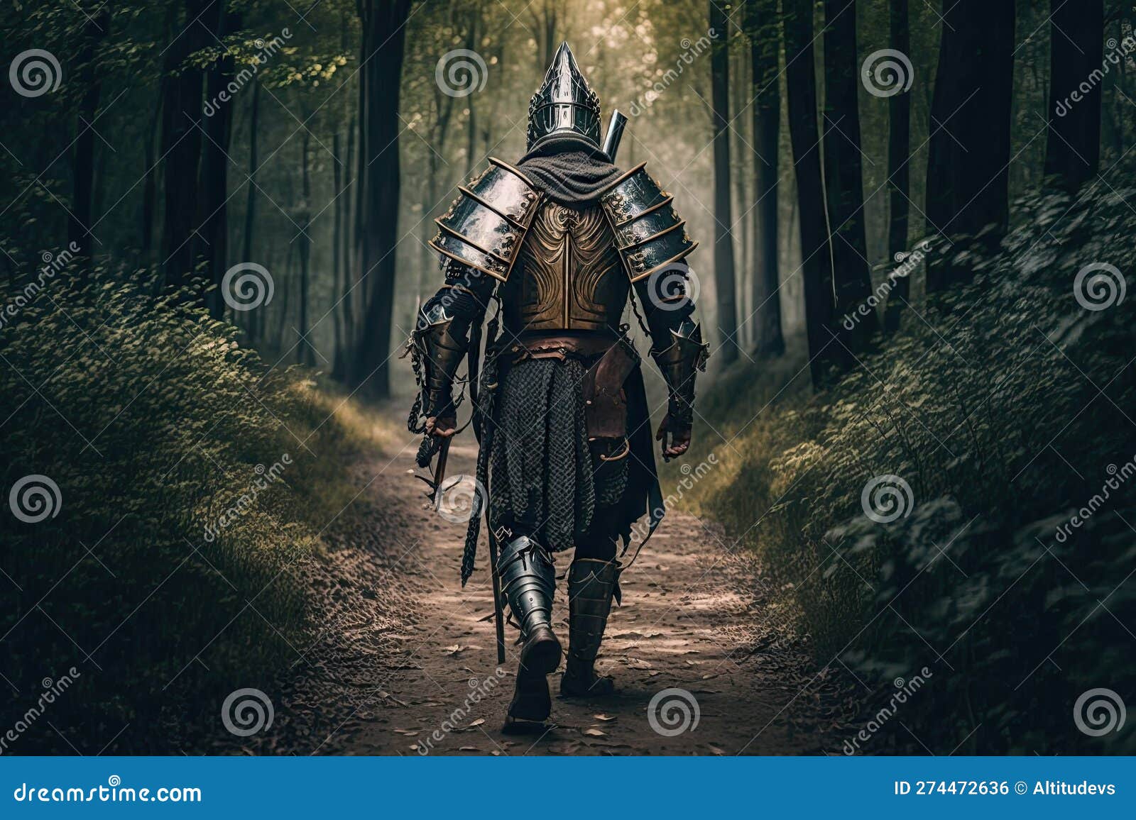Medieval Warrior in Armor Walking through Forest Stock Illustration ...