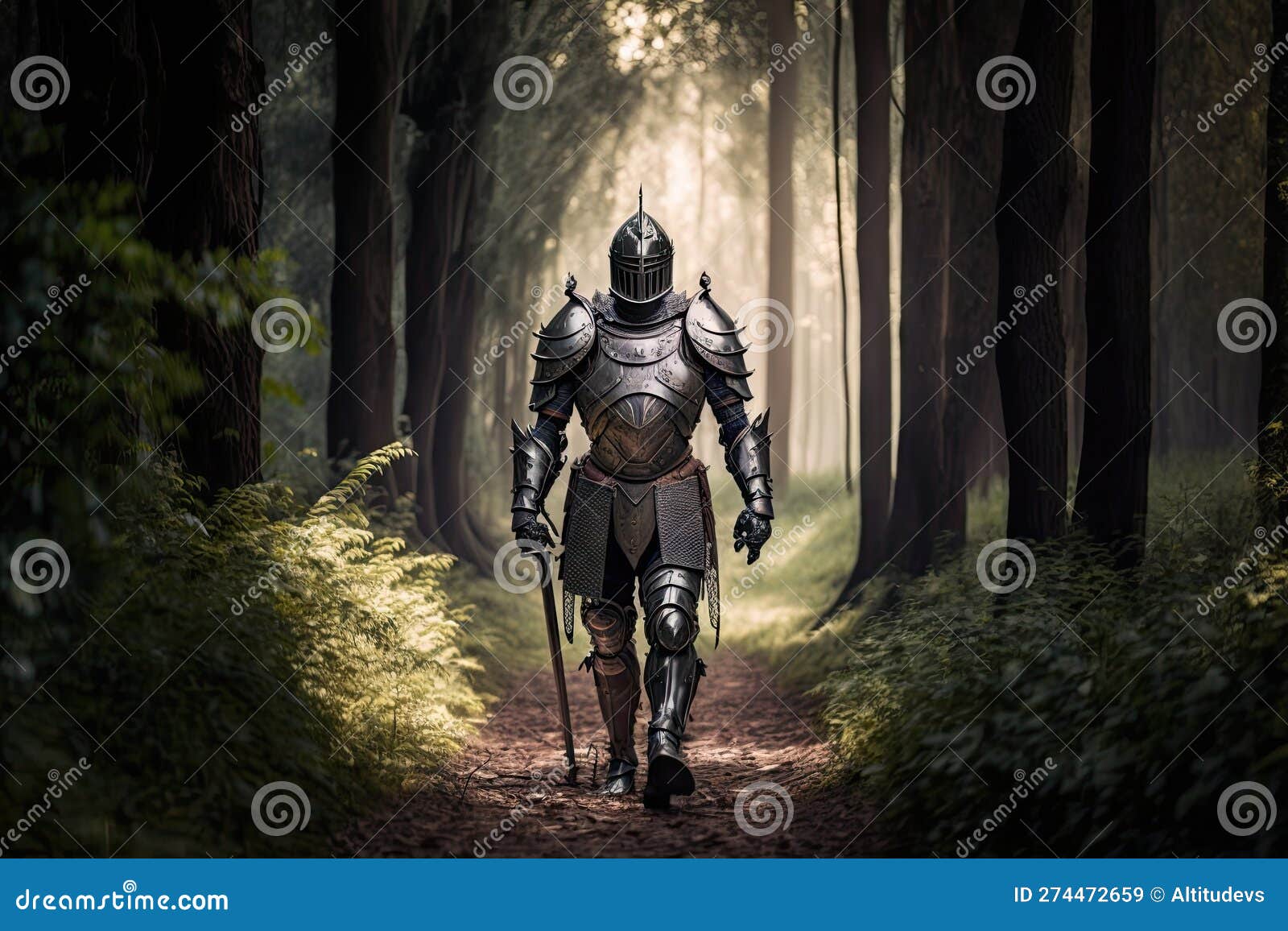 Medieval Warrior in Armor Walking through Forest Stock Illustration ...