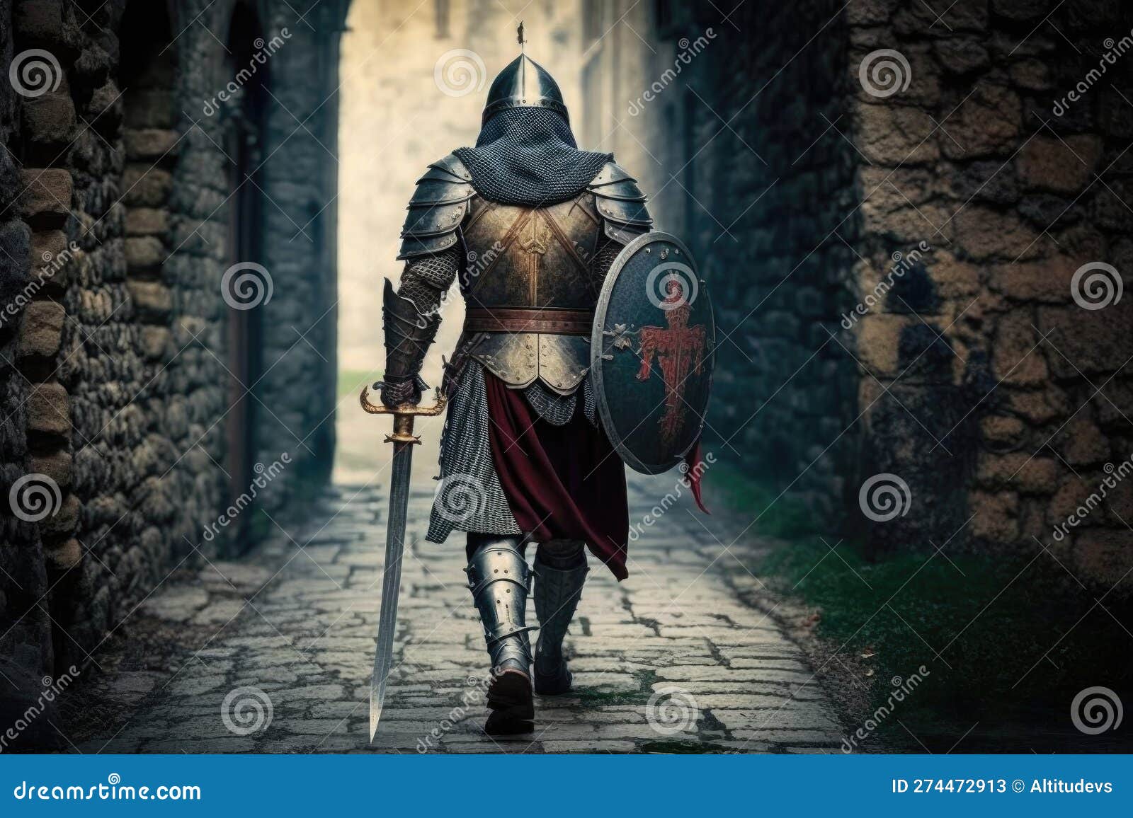 Medieval Warrior in Armor Walking with Sword and Shield Stock ...