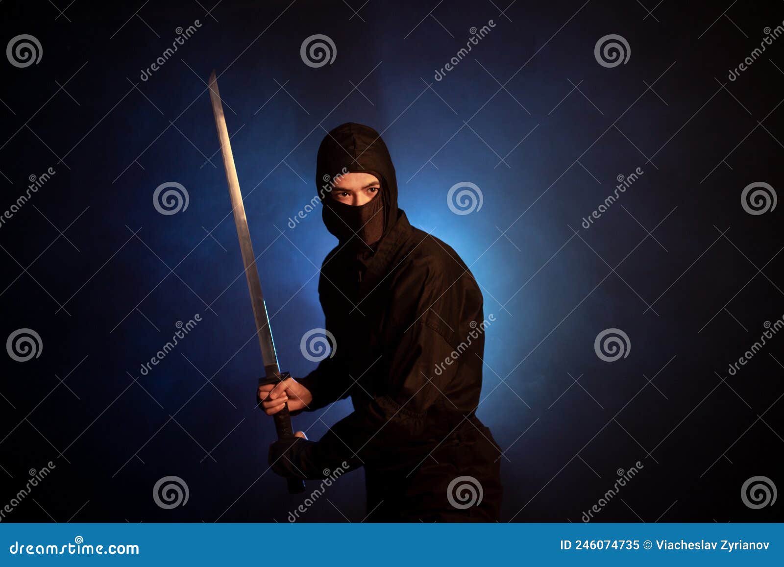 Medieval Warrior Assassin Ninja with Sword in Aggressive Pose in Smoke ...