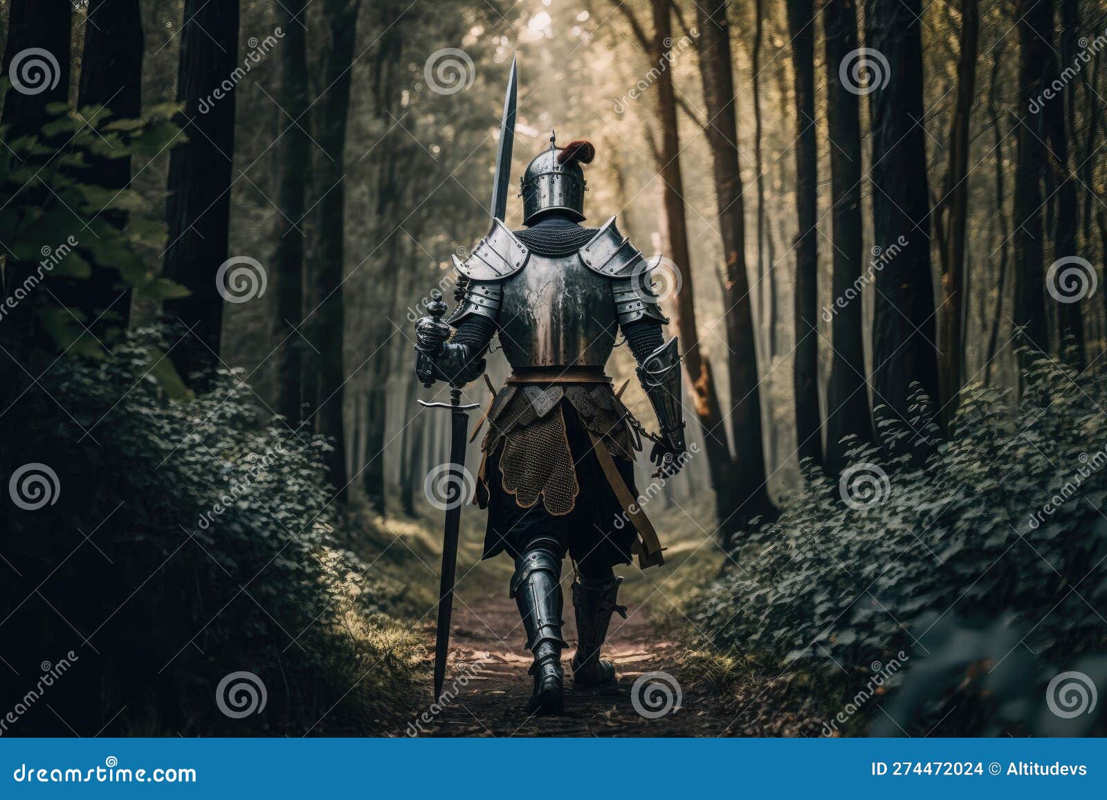 Medieval Warrior with Sword in Armor Walking through Forest Stock ...