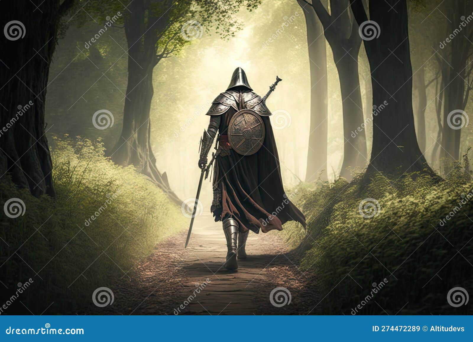 Medieval Warrior with Sword in Hand Walking on Forest Path Stock ...