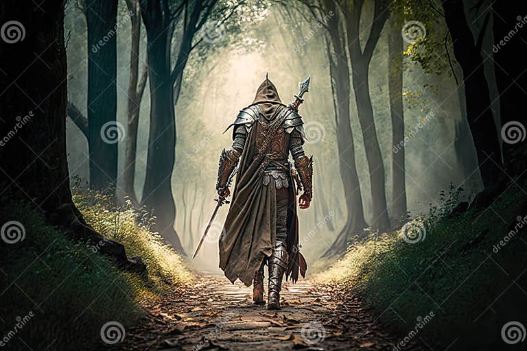 Medieval Warrior with Sword in Hand Walking on Forest Path Stock ...
