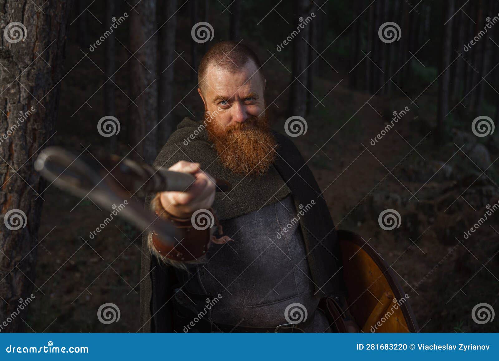 Medieval Warrior Viking Barbarian with Ax and Shield in Forest Stock ...
