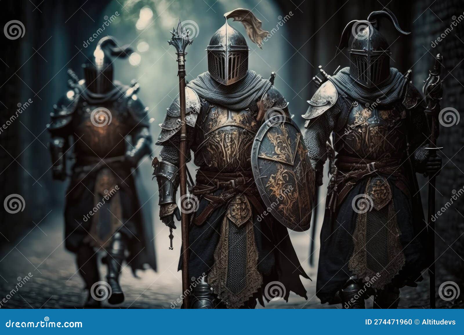 Knight Warriors In Different Poses. Warrior With A Traditional Weapon ...