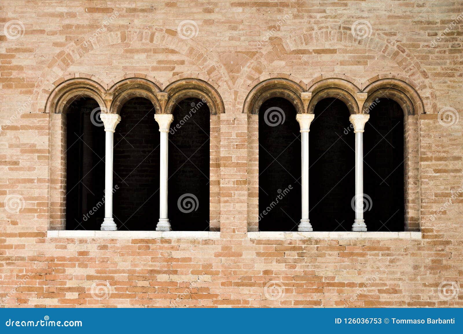 Medieval Windows With Round Arches Roman Style Details Stock Image