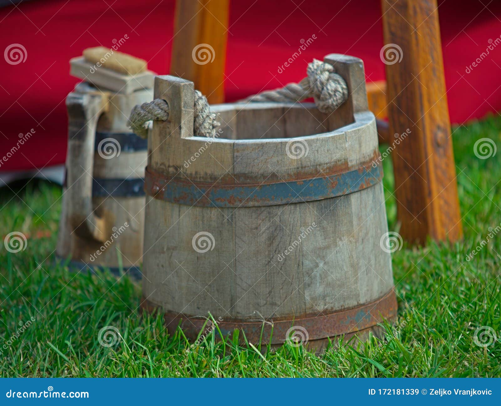 Medieval Wooden Bucket Standing on Grass Stock Image - Image of retro ...