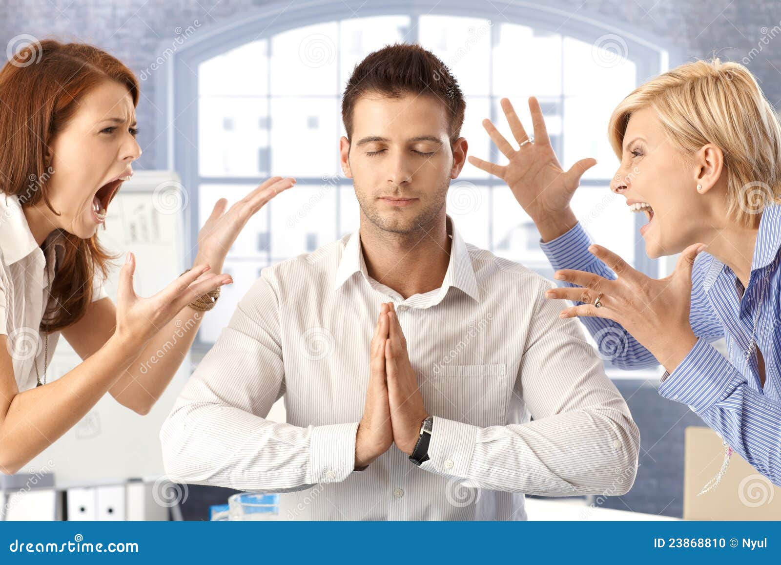 Meditating Businessman with Arguing Colleagues Stock Photo - Image of ...